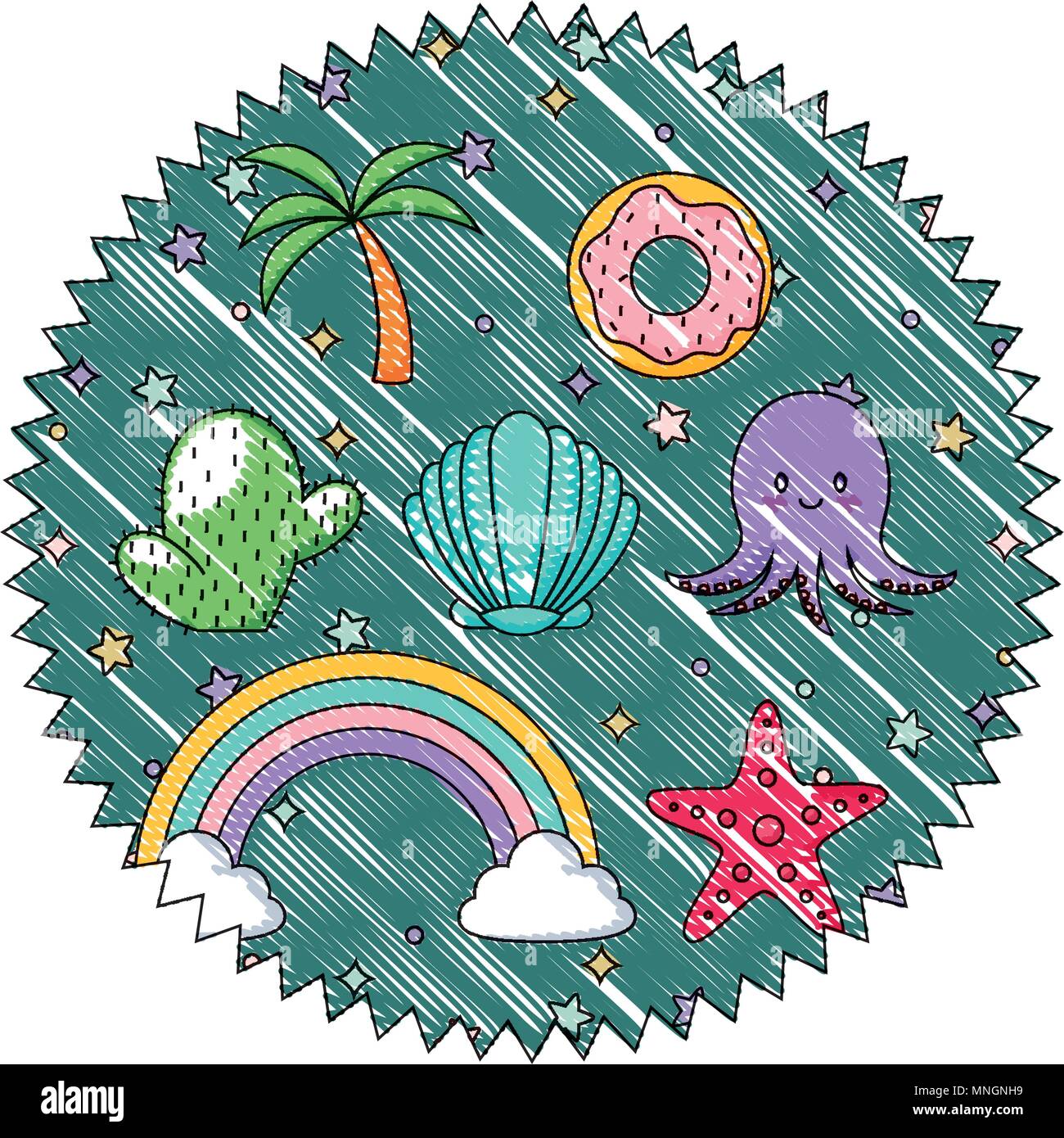 seal stamp with cute octopus and related icons pattern over white ...