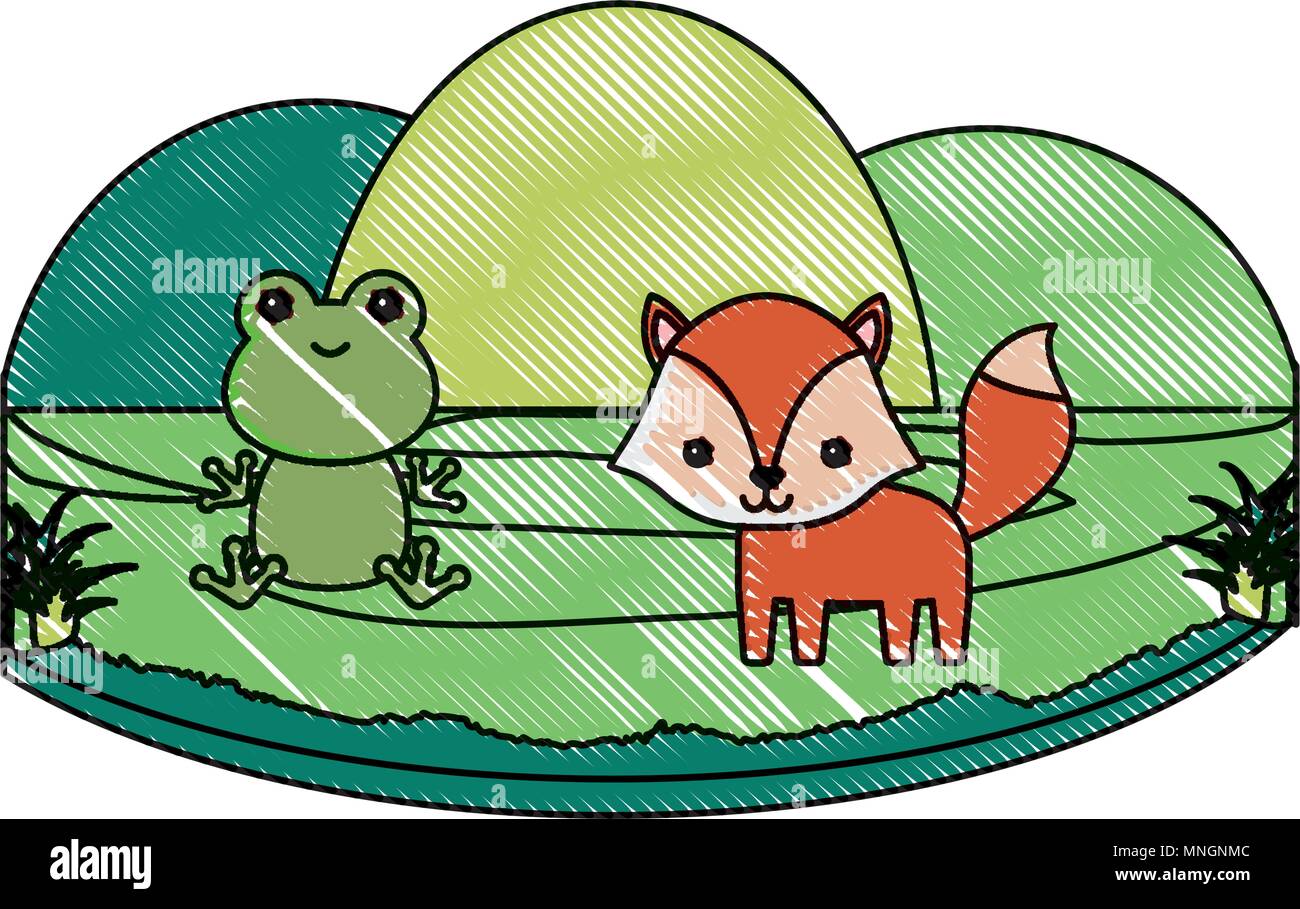 cute frog and fox on landscape over white background, colorful design ...