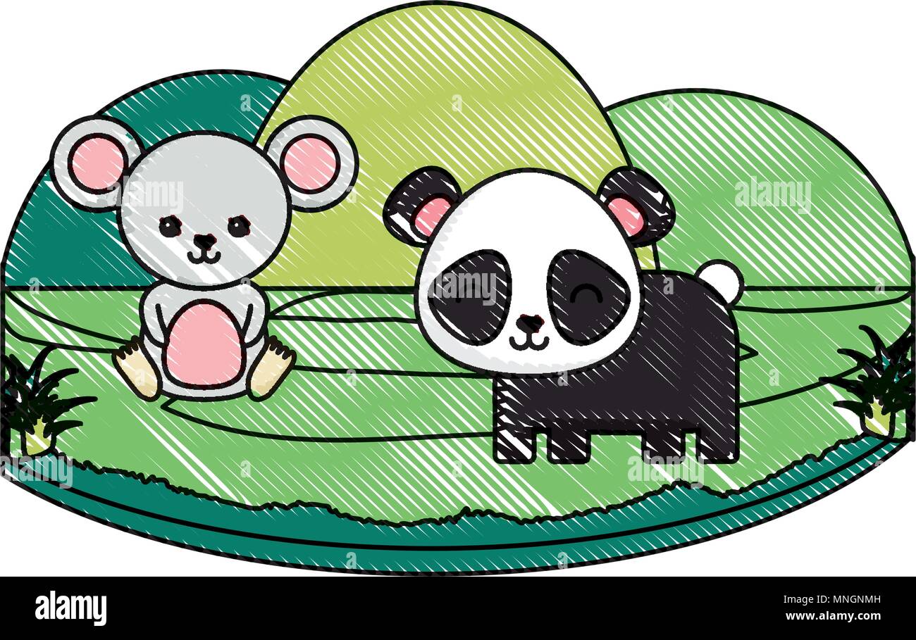 cute panda bear and mouse on the grass over white background, colorful ...