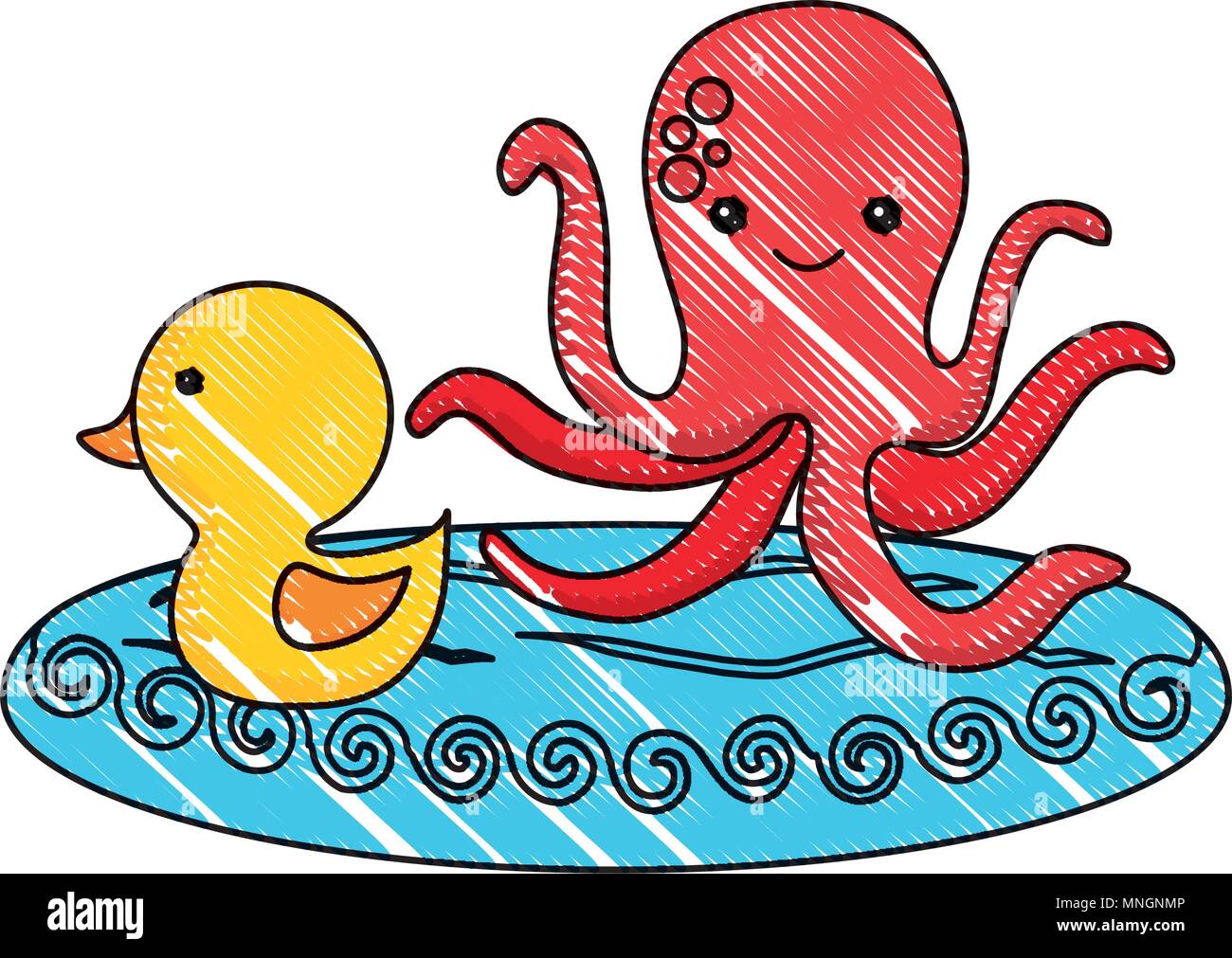 cute duck and octopus over white background, colorful design. vector ...
