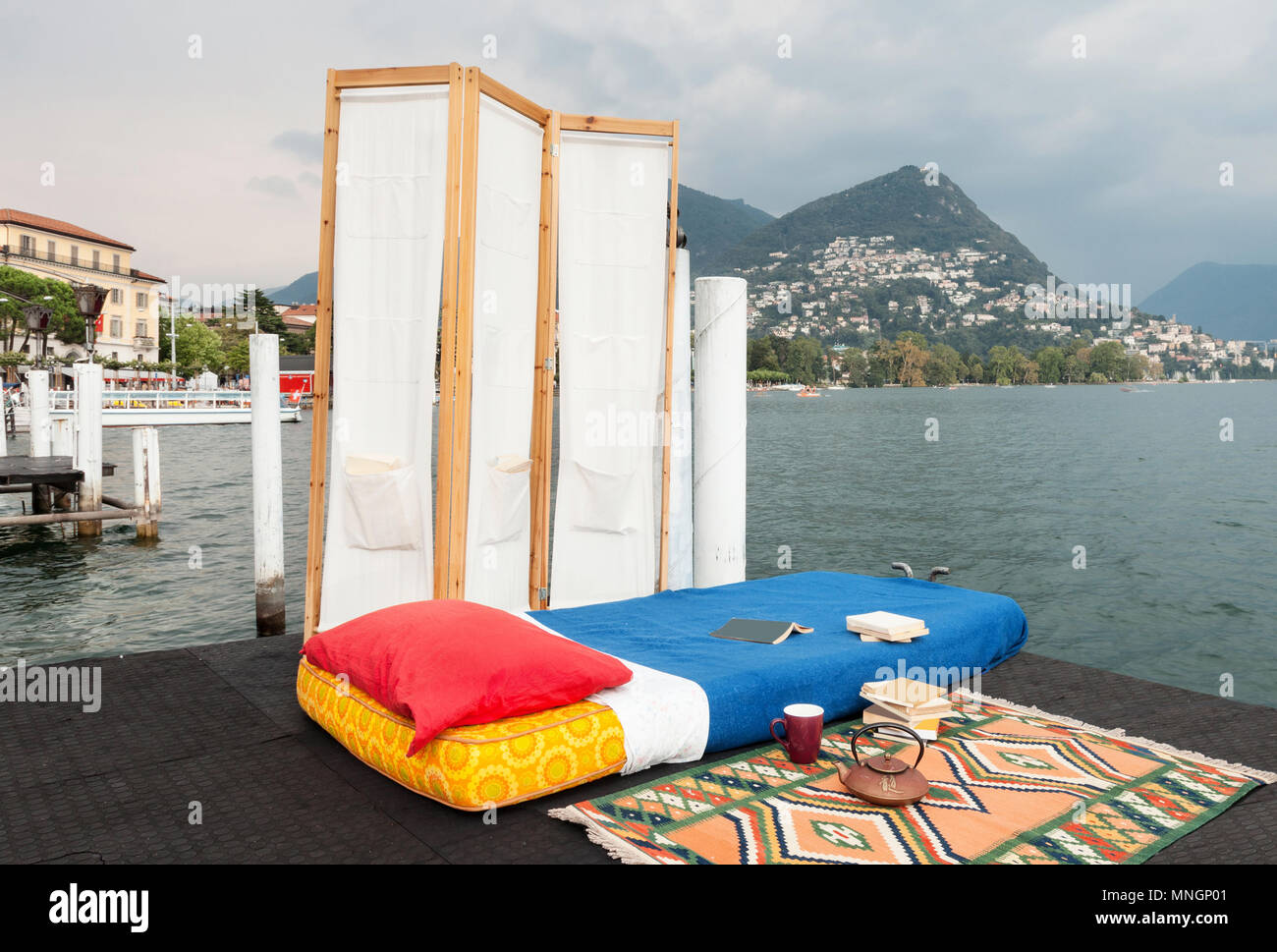 bedroom on the lake shore, view from the pier Stock Photo - Alamy