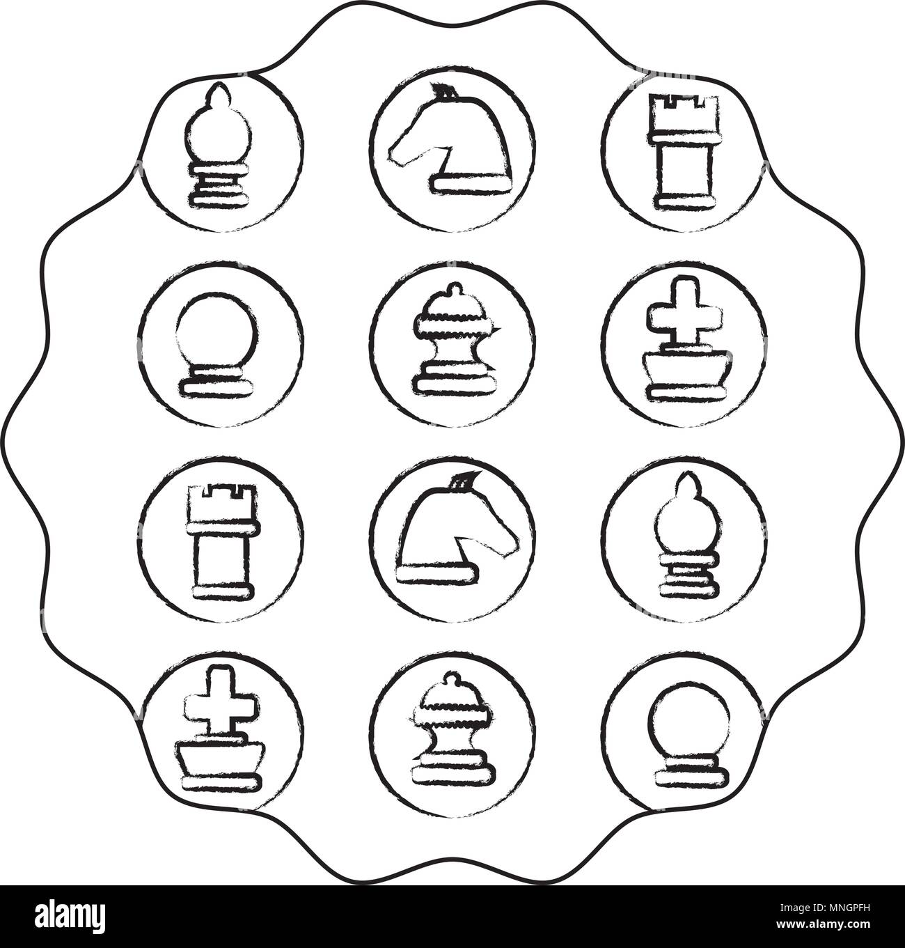 circular frame with chess pieces pattern over white background, vector ...