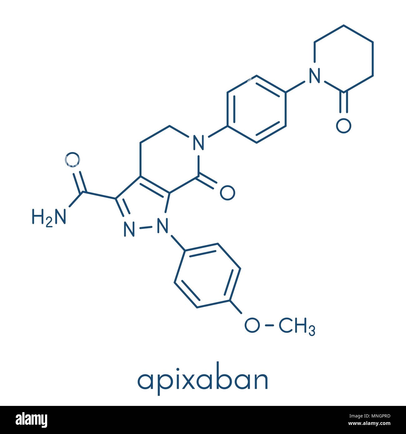 Apixaban anticoagulant drug molecule (direct FXa inhibitor). Skeletal ...