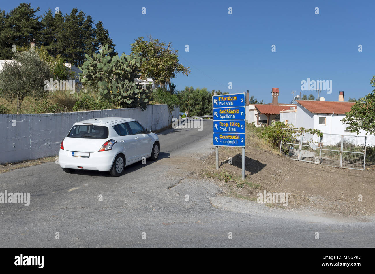 Road sign with names of settlements in the English and Greek languages ...