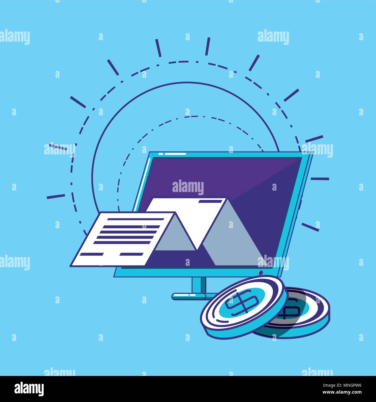 fintach with computer and money coins over blue background, colorful ...