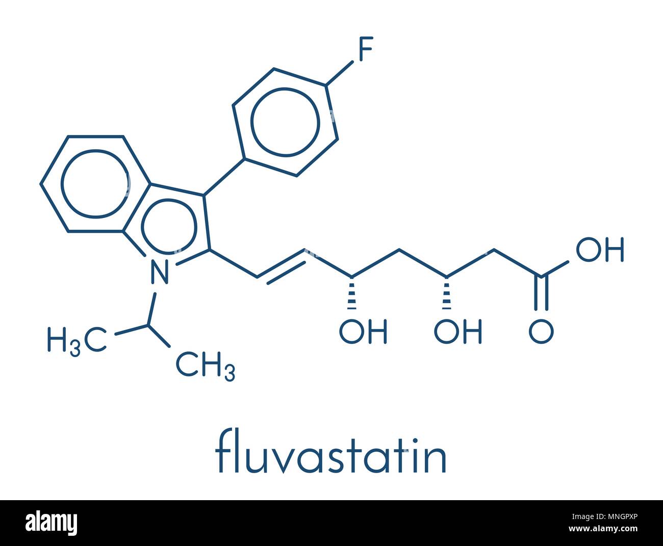 Fluvastatin hypercholesterolemia drug molecule. Skeletal formula Stock ...