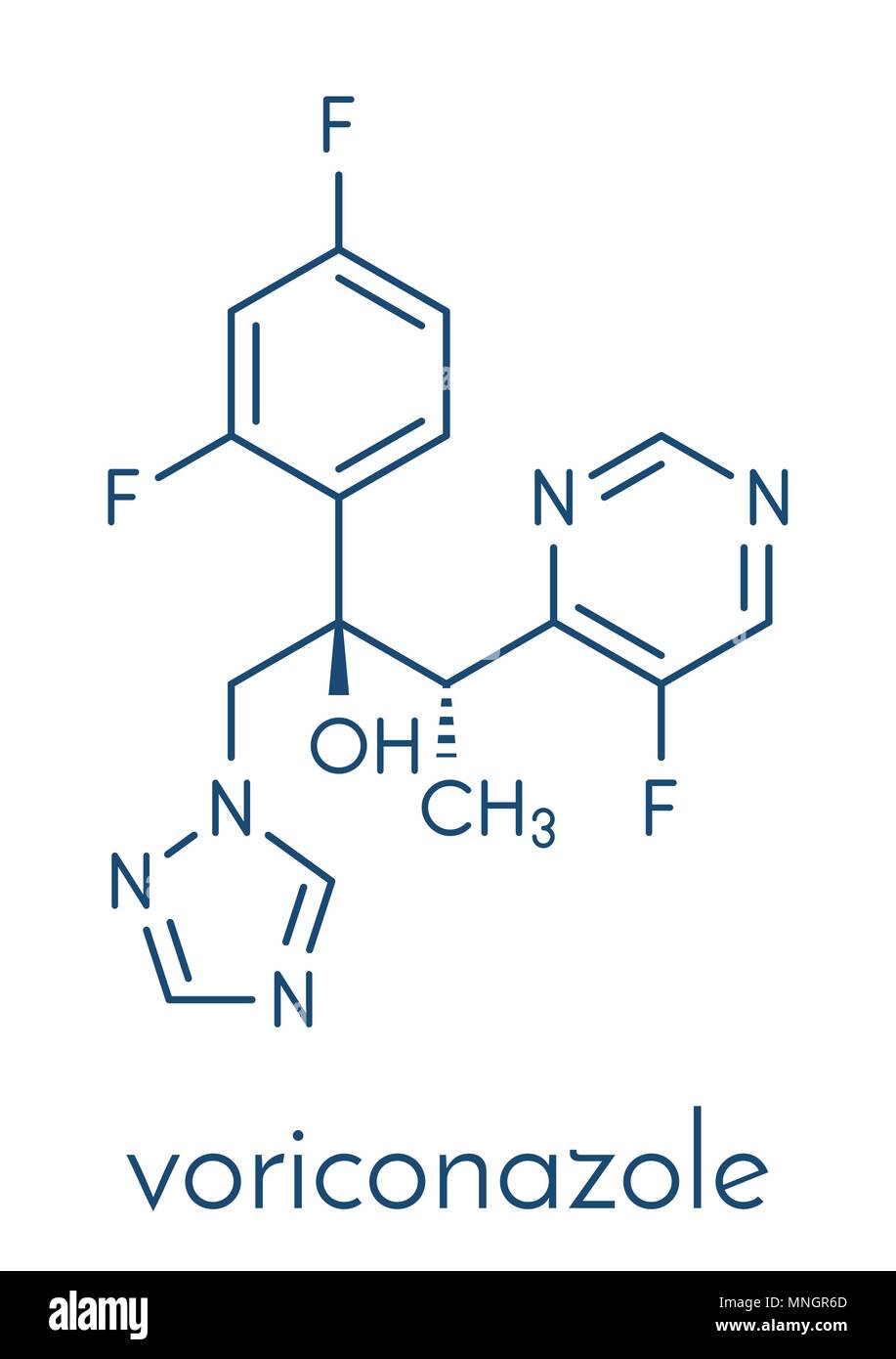 Voriconazole antifungal drug molecule (triazole class). Skeletal ...