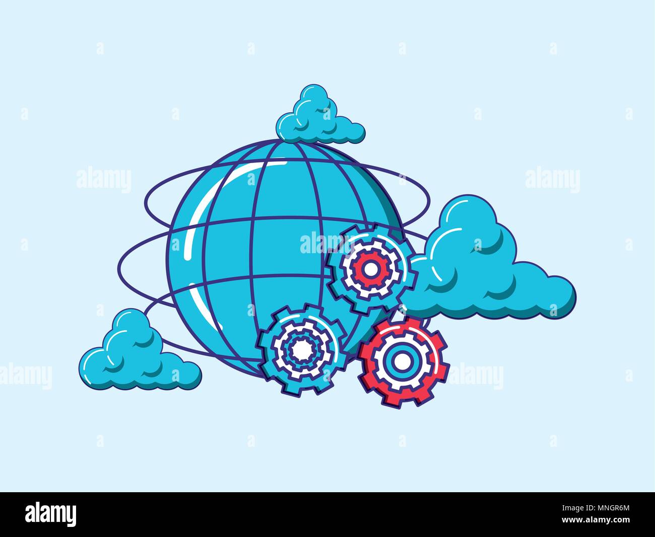 global sphere with gear wheels over blue background, colorful design ...