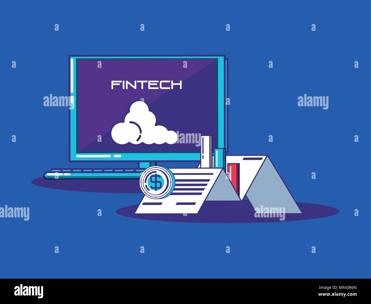 Fintech concept with computer and business documents over blue ...