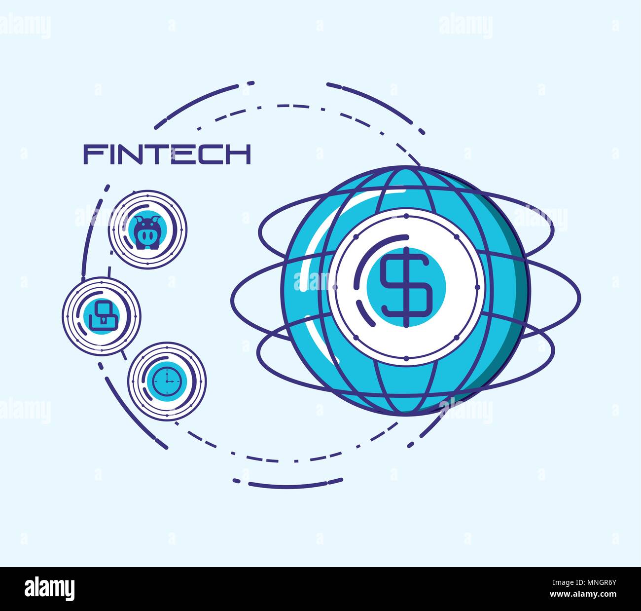 Fintech concept with global sphere and related icons around over blue ...