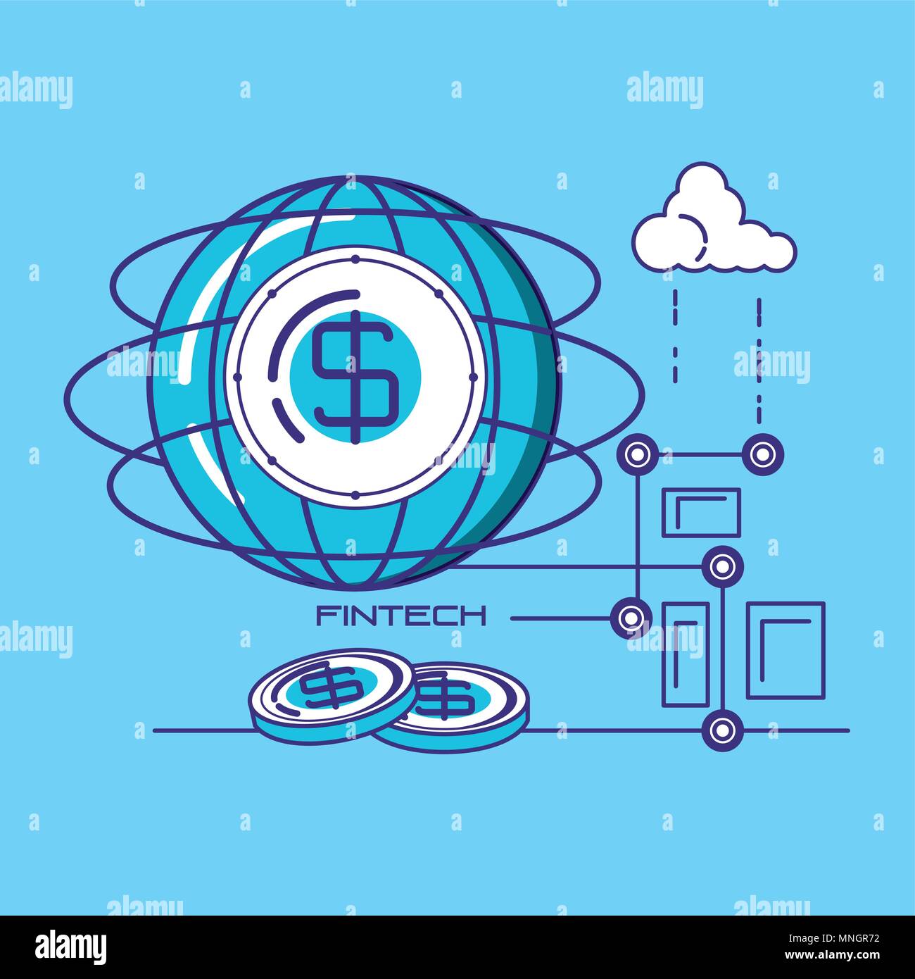Fintech concept with global sphere and money coins over blue background ...