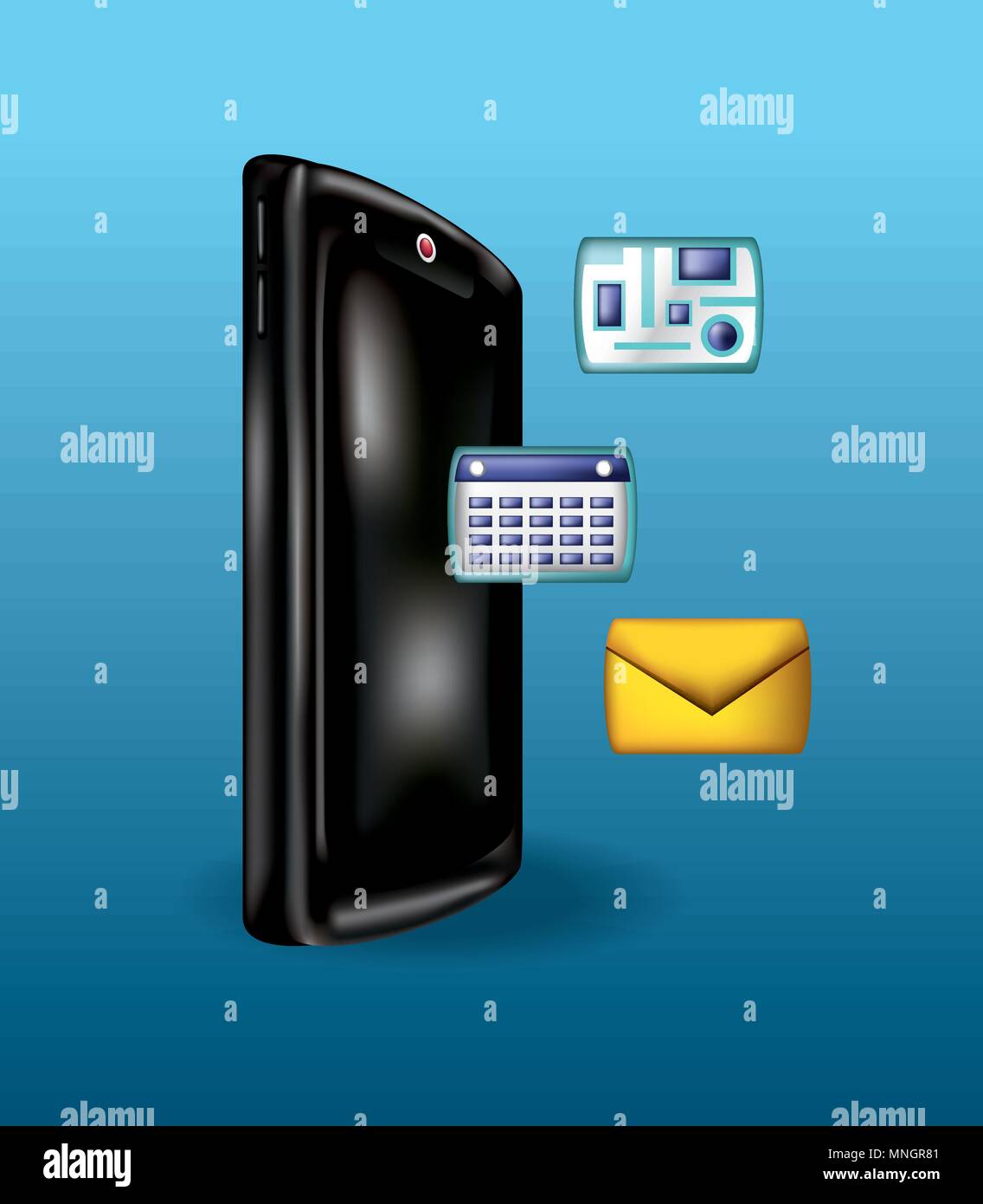 smartphone with envelope and social media related icons over blue ...