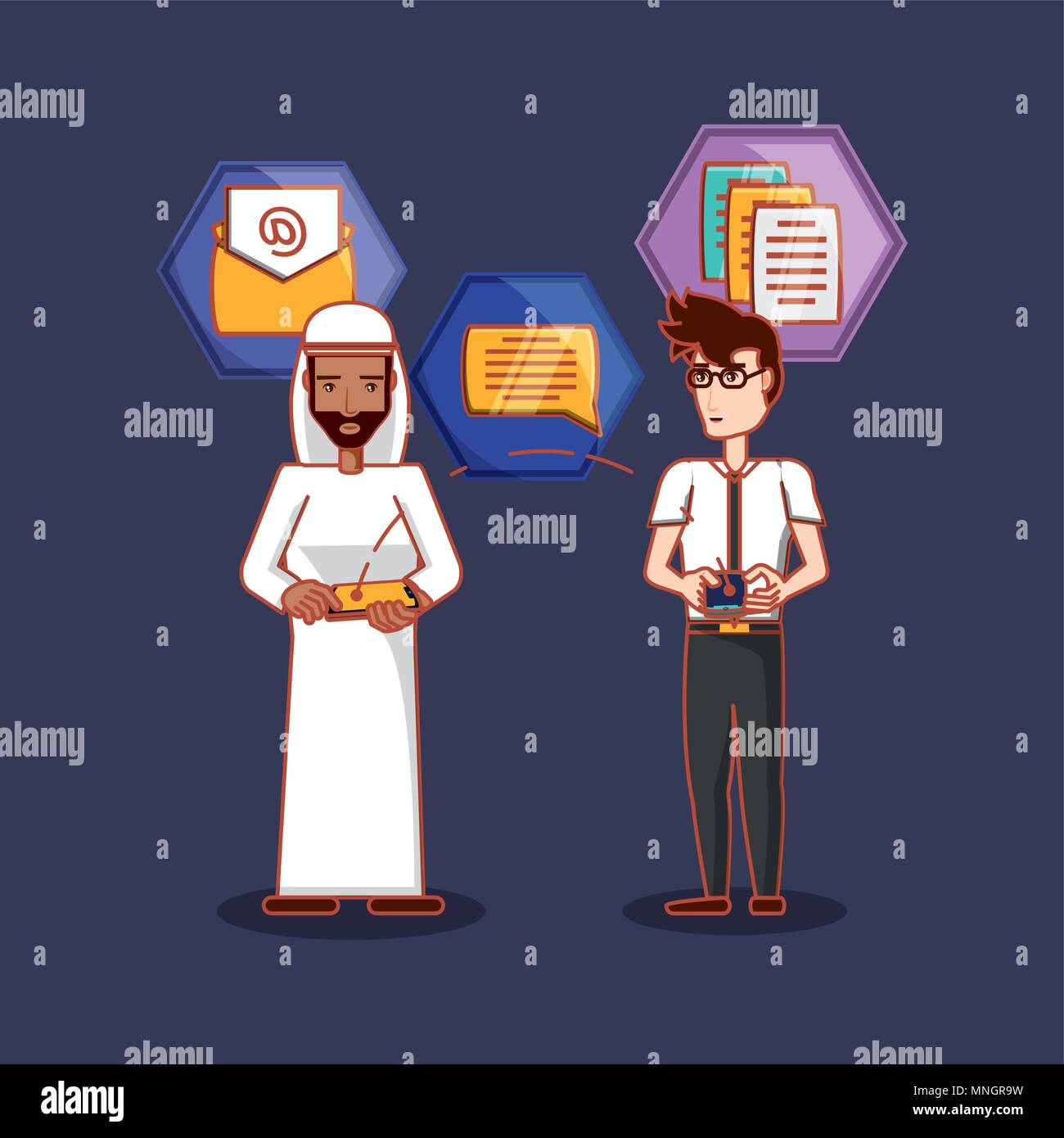 cartoon men with social media related icons over blue background ...