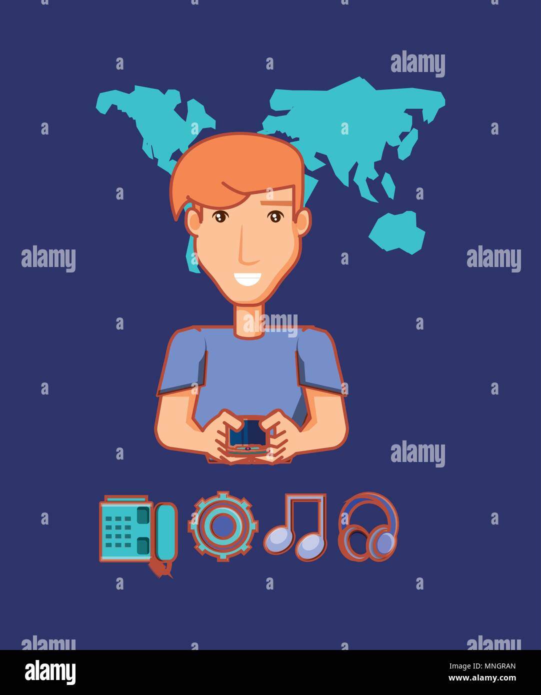 cartoon man using the cellphone and with social media related icons ...