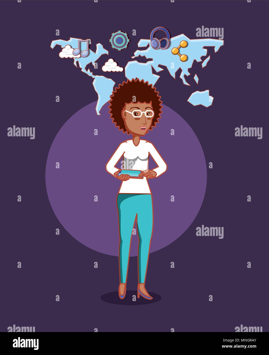 cartoon woman with world map and social media related icons over purple ...