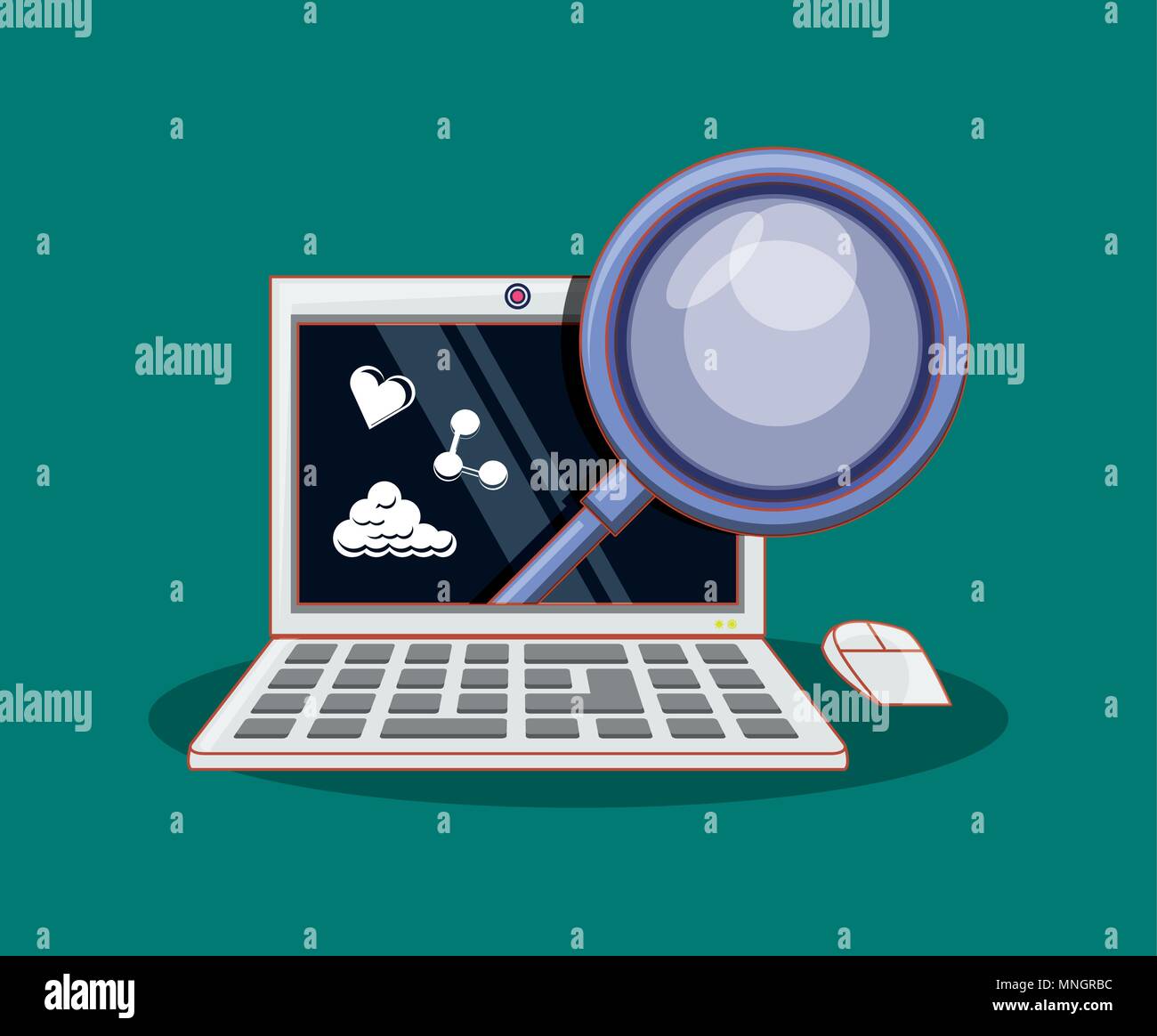 laptop computer and lupe with social media related icons over green ...