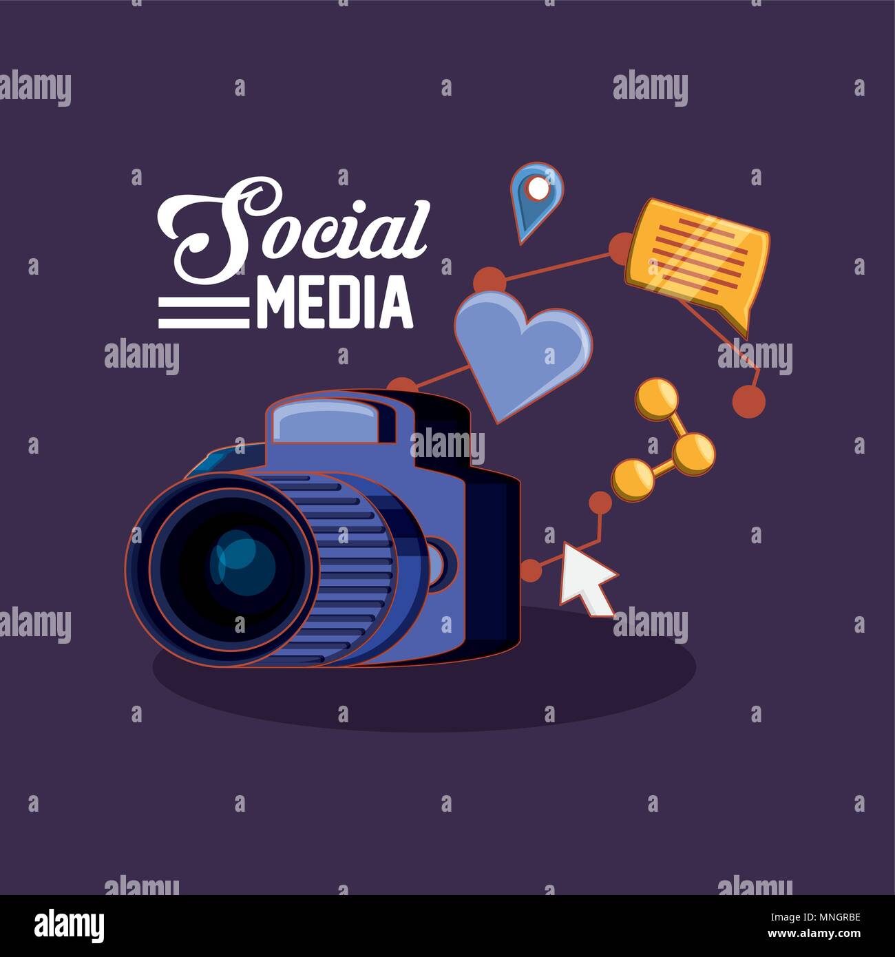 camera with social media related icons over purple background, colorful ...