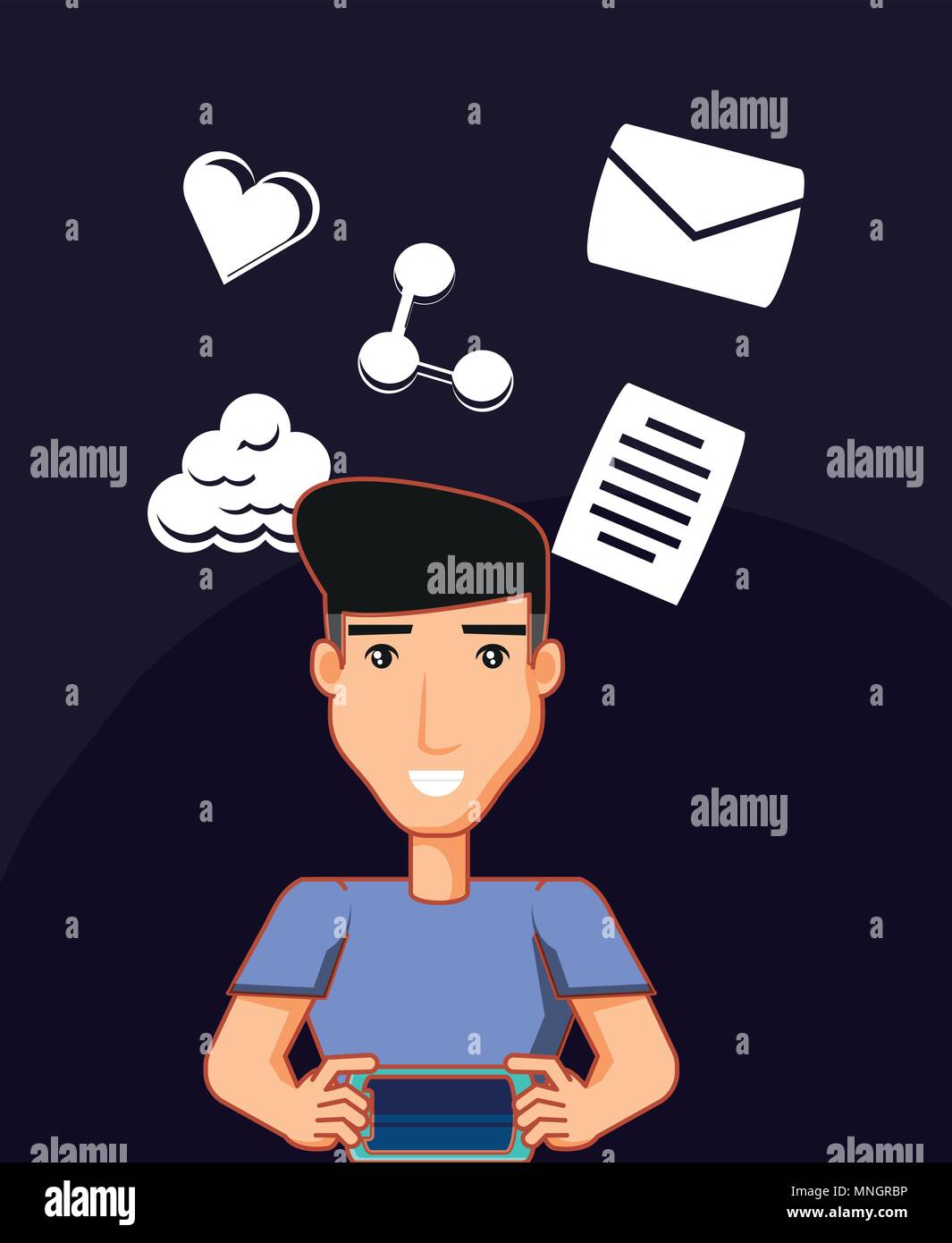 cartoon man using the cellphone and with social media related icons ...