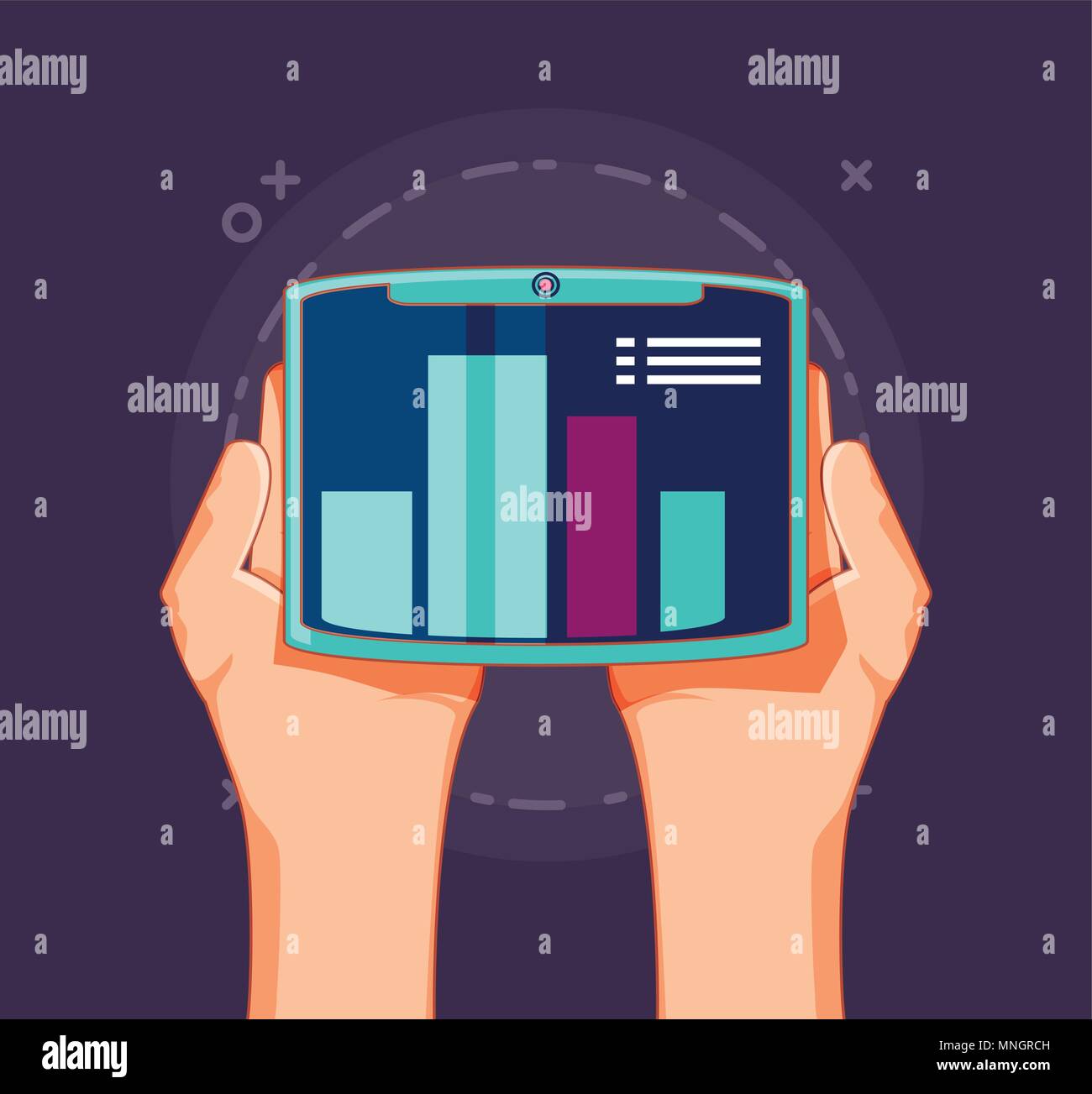 hand holding a tablet over purple background, colorful design. vector ...