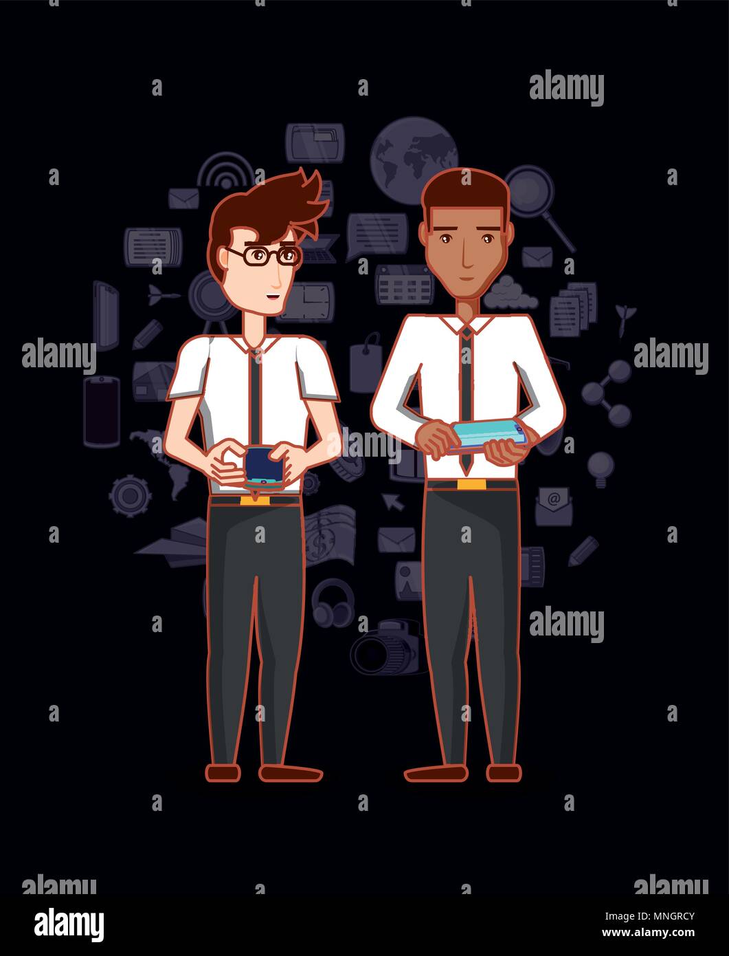 cartoon men with social media related icons over black background ...