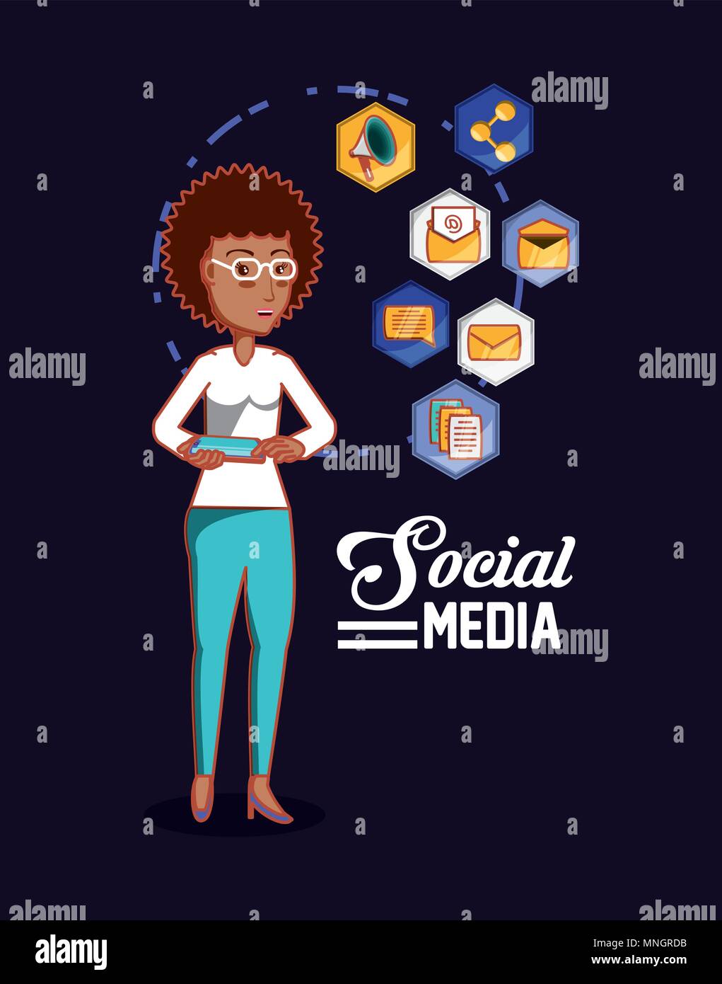 social media design with cartoon woman and related icons over black ...