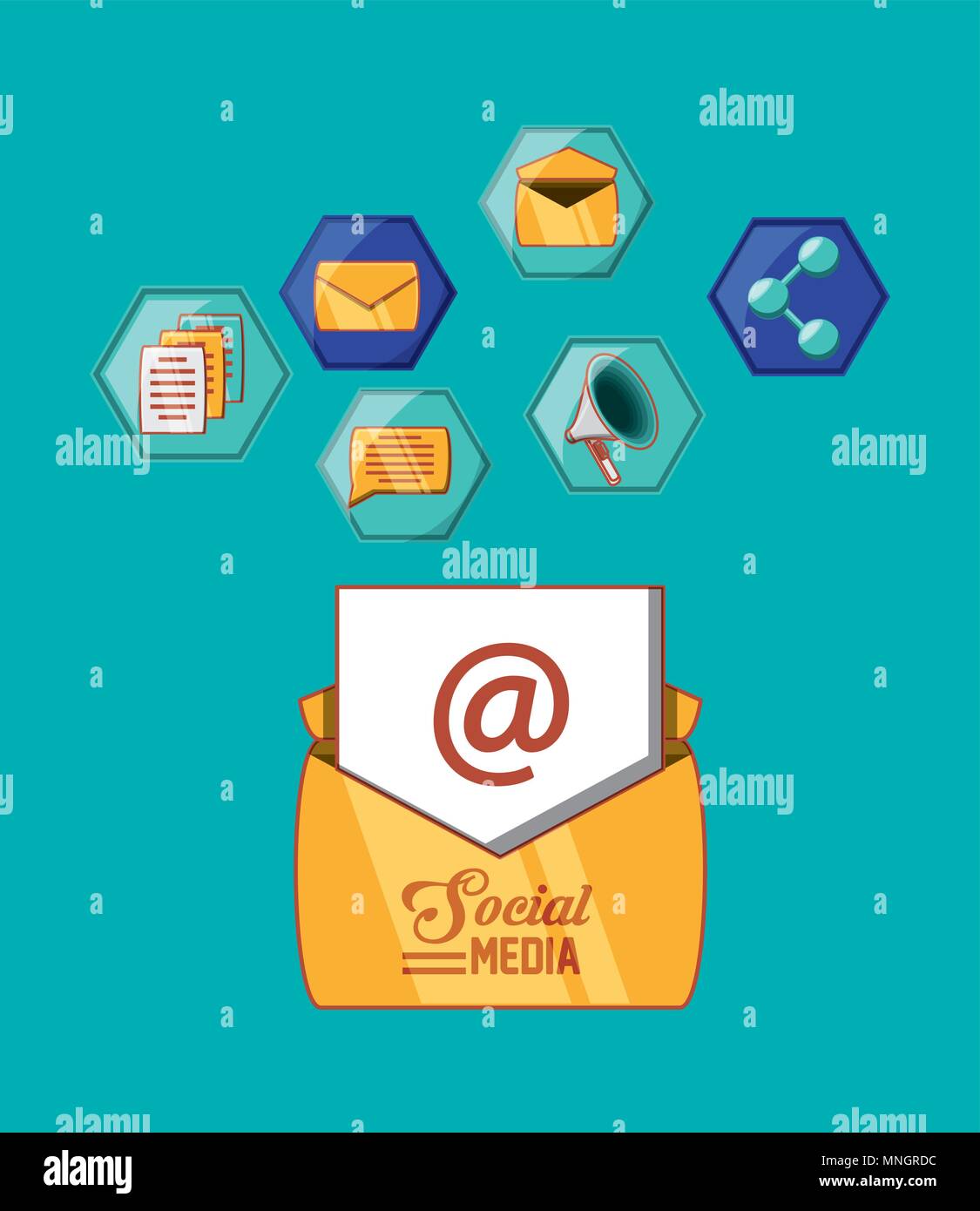 envelope with social media related icons over blue background, colorful ...