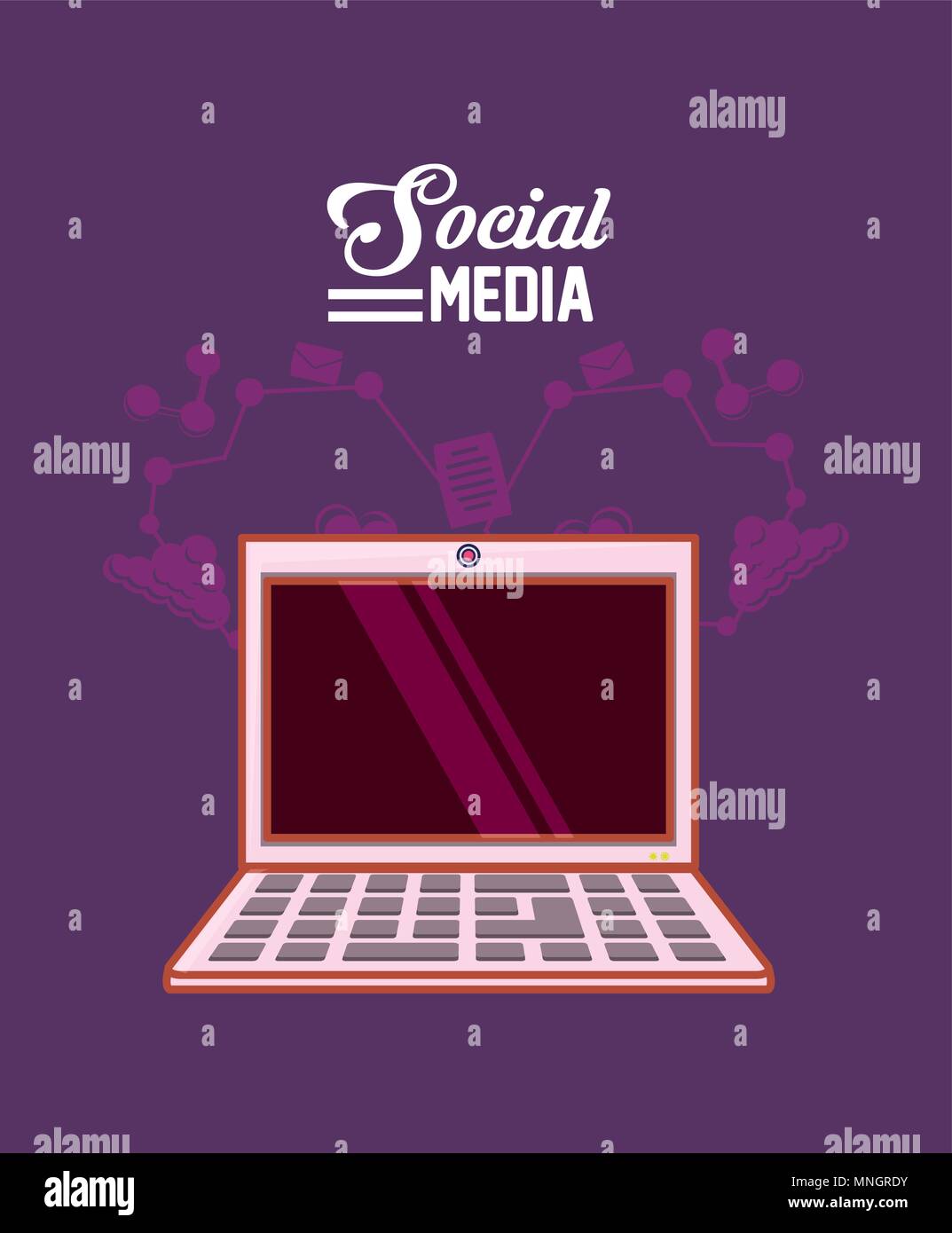 Laptop computer with social media related icons over purple background ...