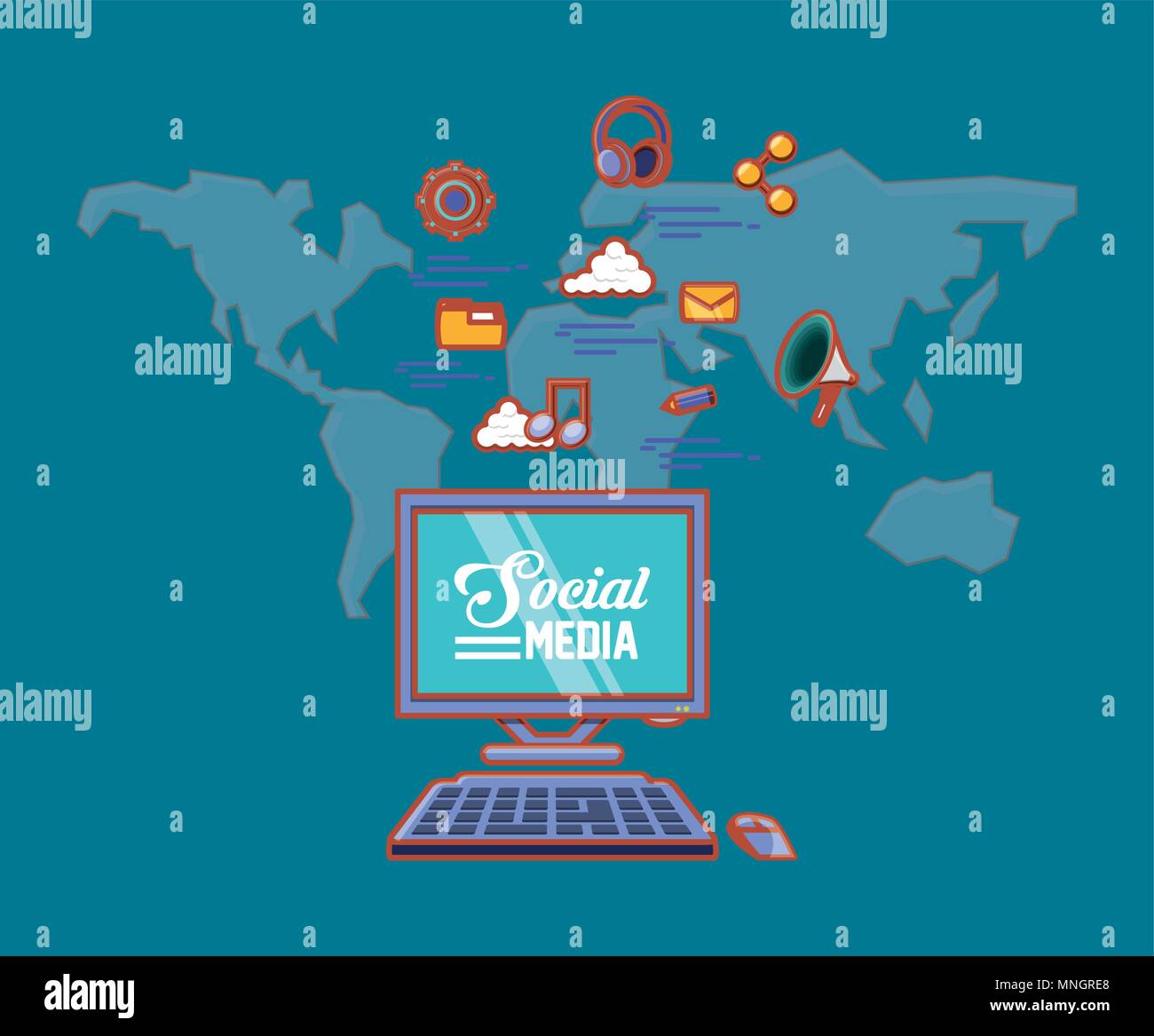 social media design with computer and related icons around over blue ...