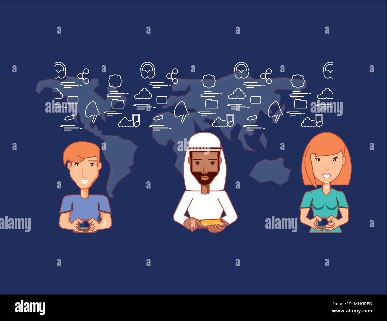 cartoon people standing with social media related icons over world map ...
