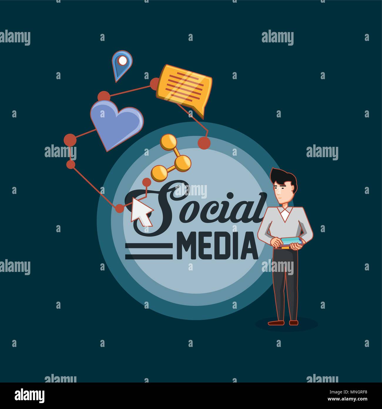 cartoon man with social media related icons over blue background ...