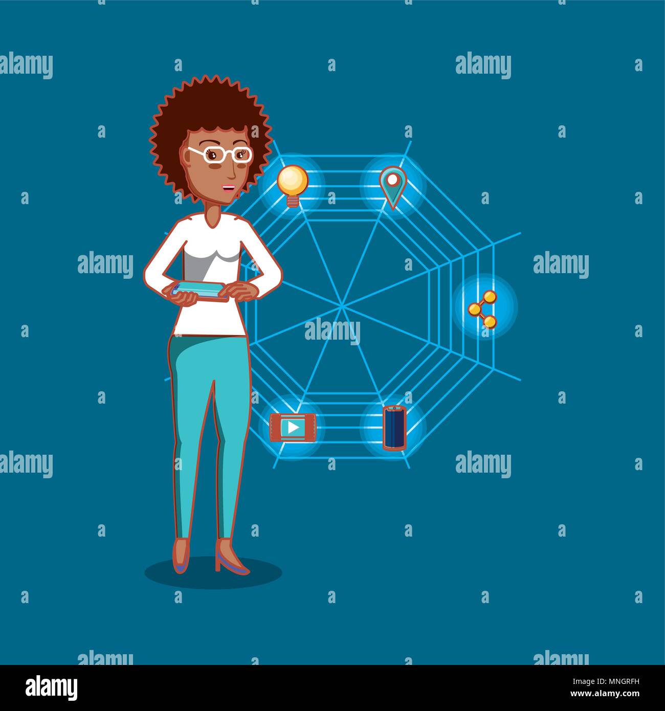 cartoon woman with network with social media related icons over blue ...
