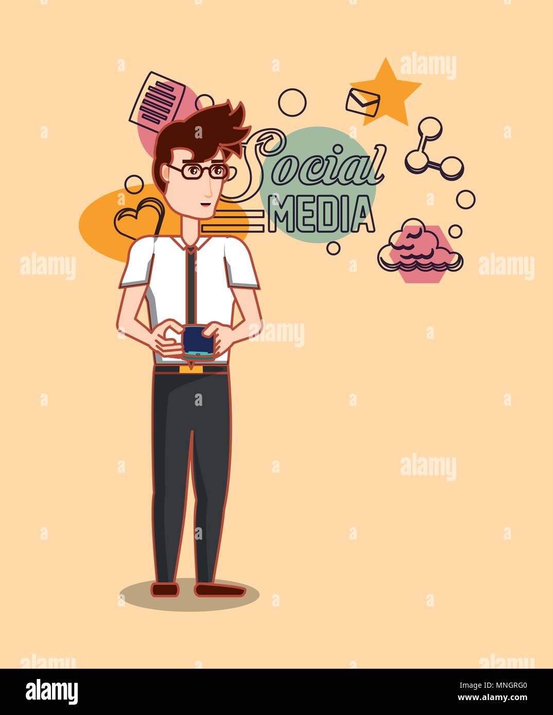 cartoon businessman standing with social media related icons over ...