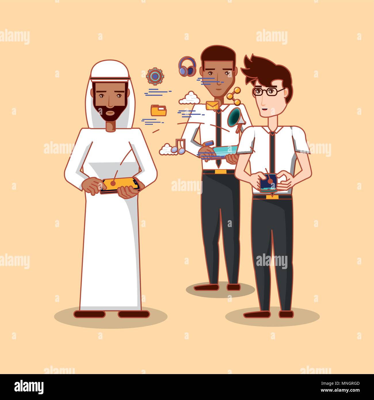 cartoon people standing with social media related icons over yellow ...