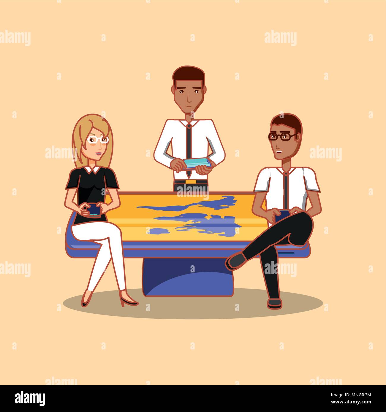 cartoon people using the cellphones over orange background, colorful ...