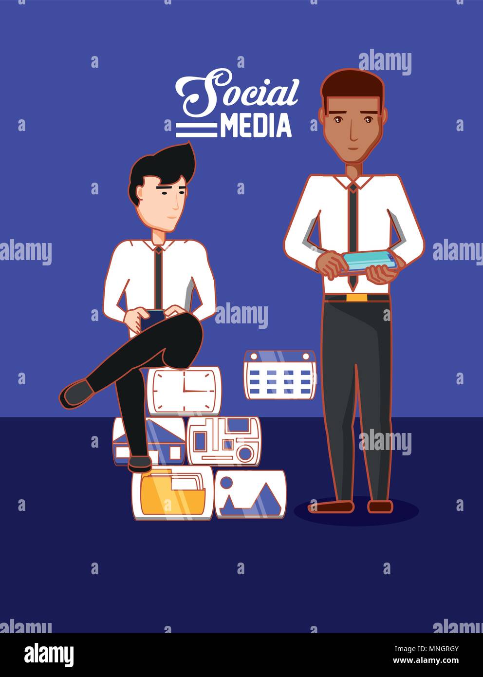 cartoon men with social media related icons over blue background ...