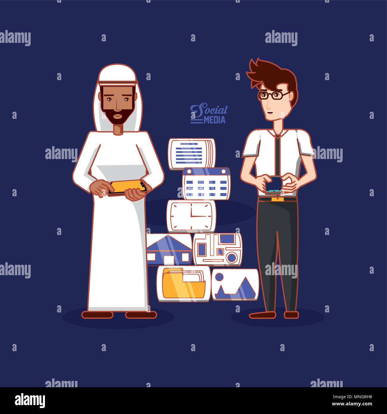 cartoon men with social media related icons over blue background ...