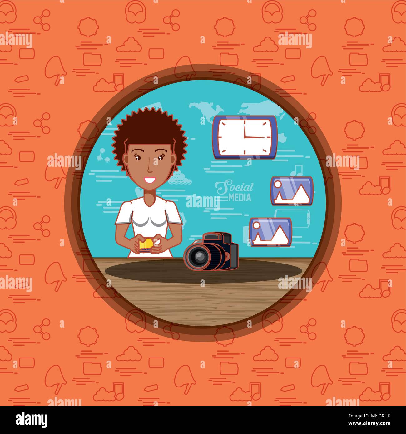 cartoon businesswoman and technology devices over orange background ...