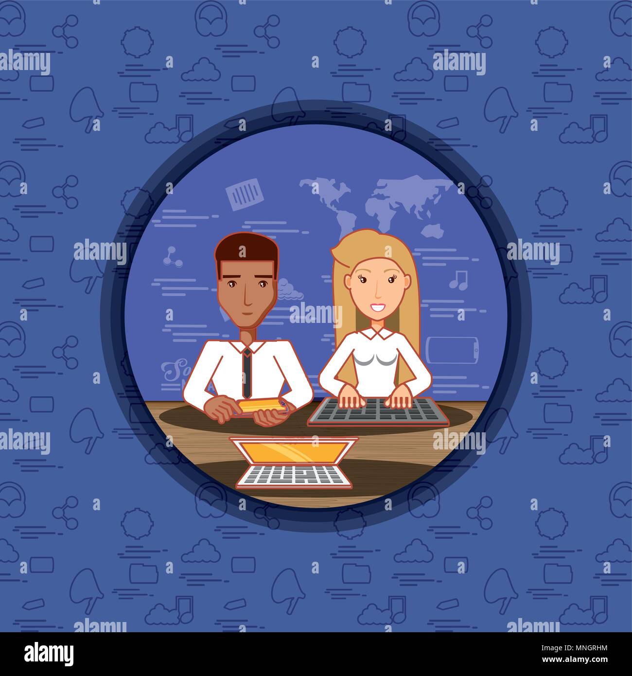 cartoon businessman and woman over blue background, colorful design ...