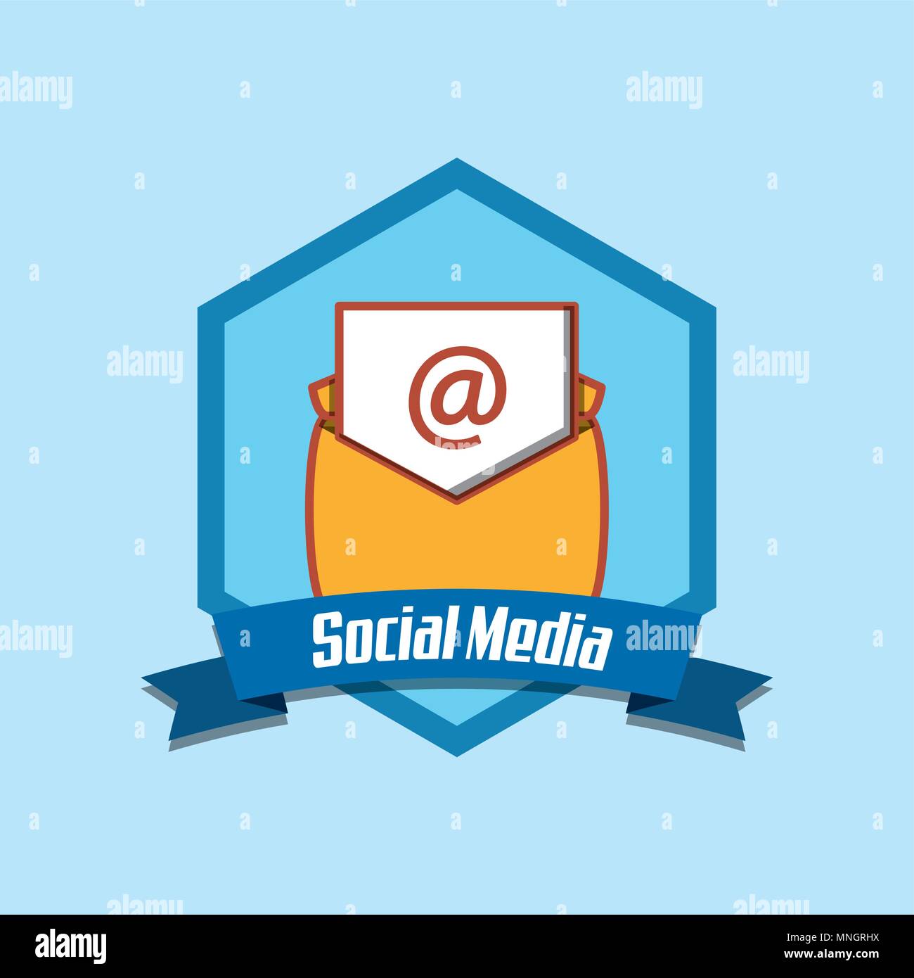 emblem of social media concept with envelope icon over blue background ...