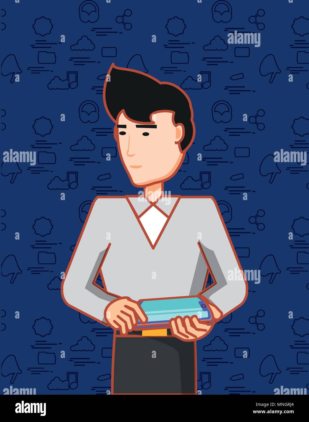 cartoon man using the cellphone over blue background, colorful design ...