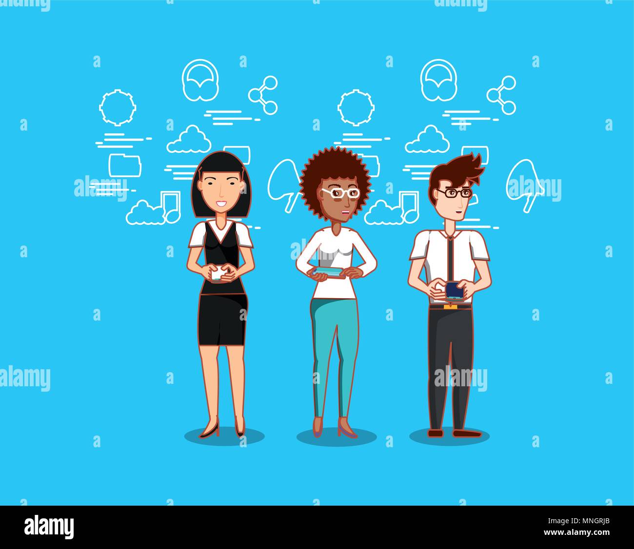 cartoon people standing with social media related icons over blue ...