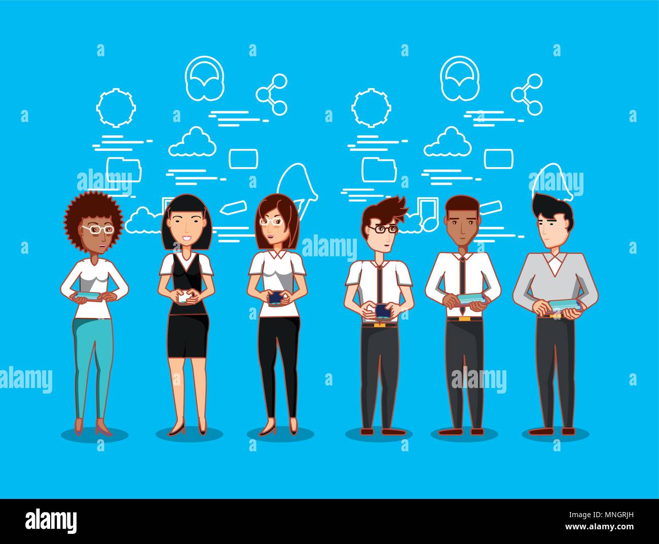 cartoon people standing with social media related icons over blue ...