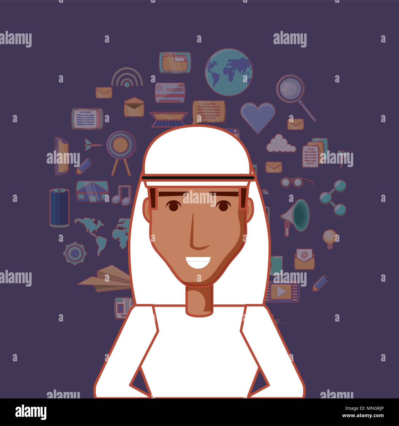 cartoon arabic man icon over social media related icons background ...