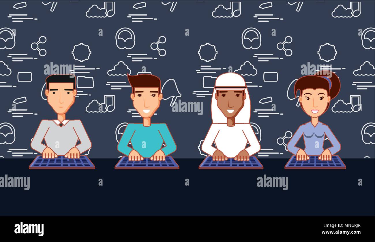 cartoon people over social media related icons background, colorful ...