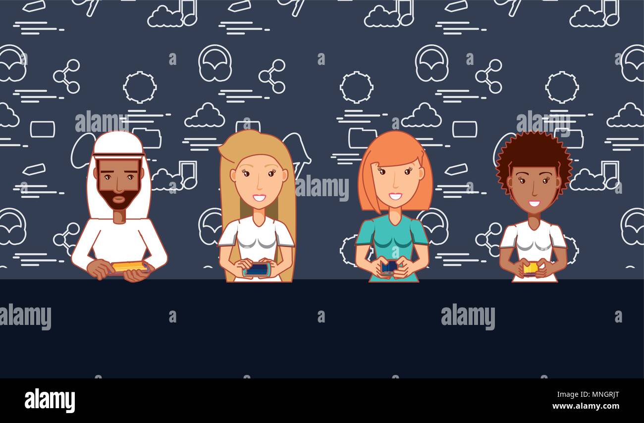 cartoon people over social media related icons background, colorful ...