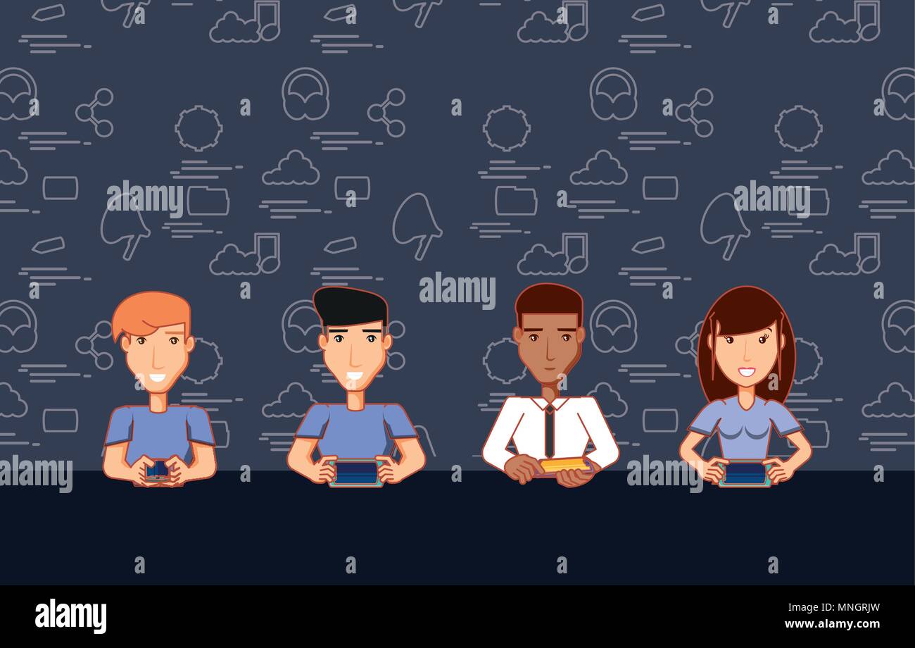 cartoon people over social media related icons background, colorful ...