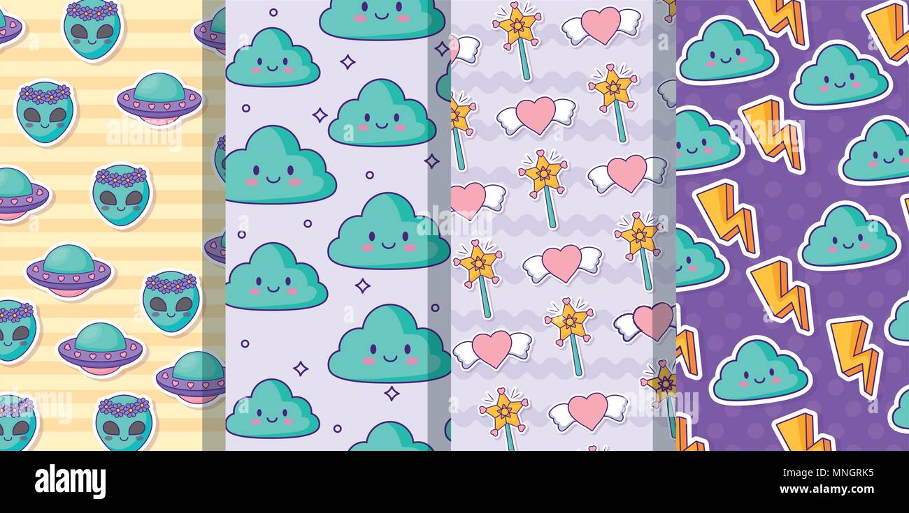 kawaii clouds and magic wands patterns, colorful design. vector ...