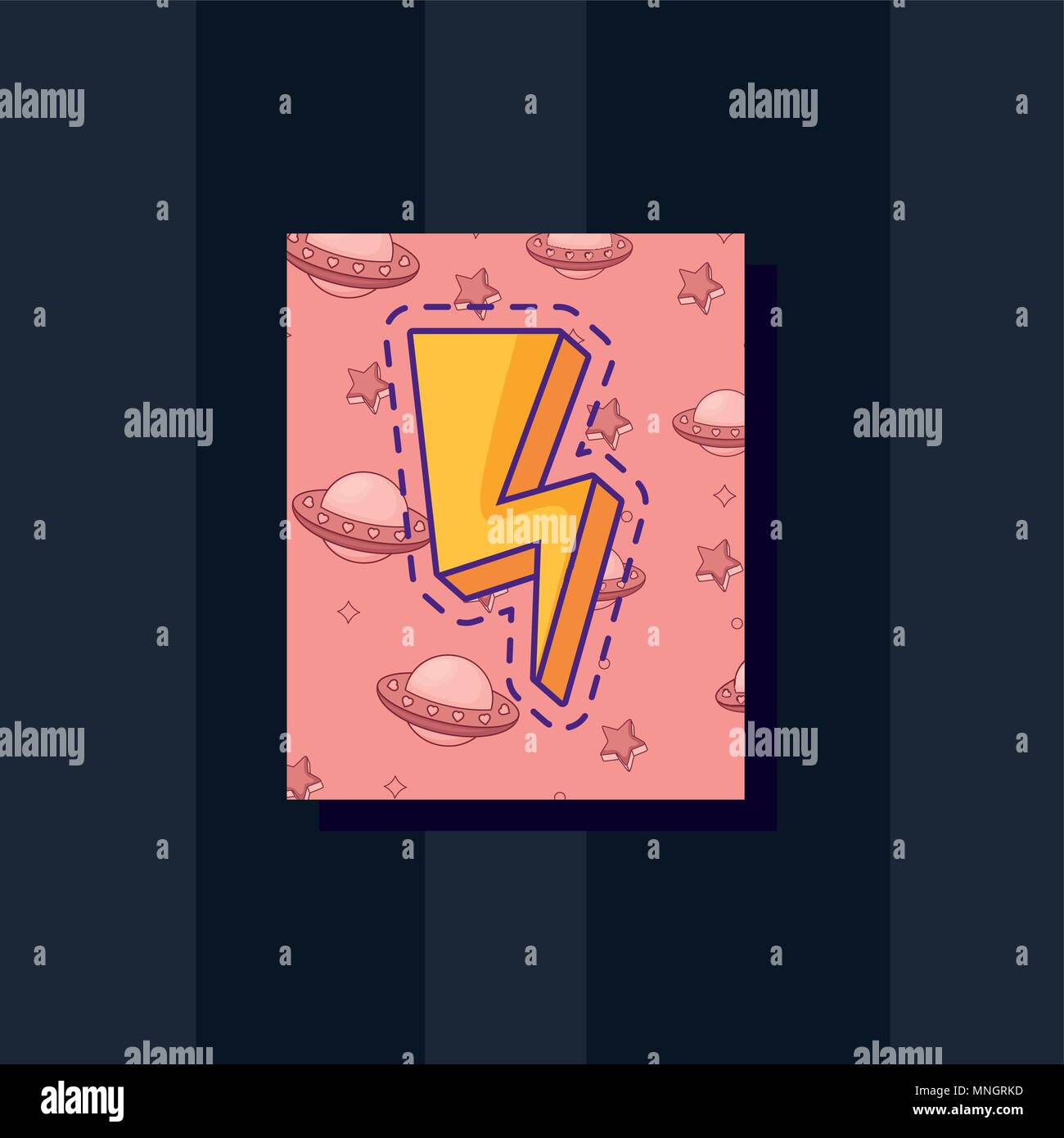 thunder icon over pink square and black background, colorful design ...