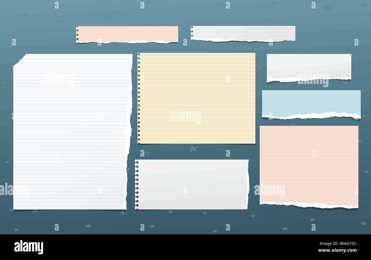 Colorful and white torn lined note, notebook paper pieces for text ... Colorful and white torn lined note, notebook paper pieces for text ...