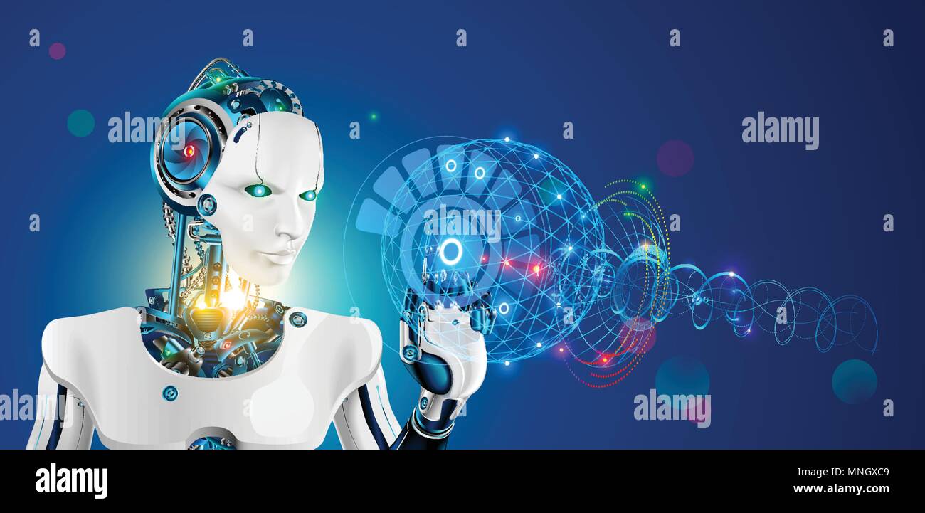 Robot with artificial intelligence. Wise cyborg with higher or supreme mind working on abstract ...